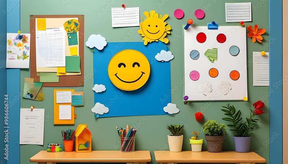 Creative wall art featuring sticky note smiley faces for classroom ...