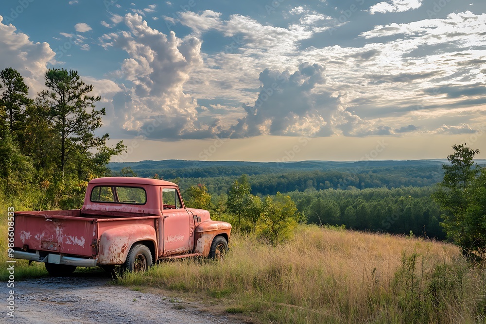Rustic red pickup truck parked on a hilltop overlooking a scenic valley with a cloudy sky Stock ...