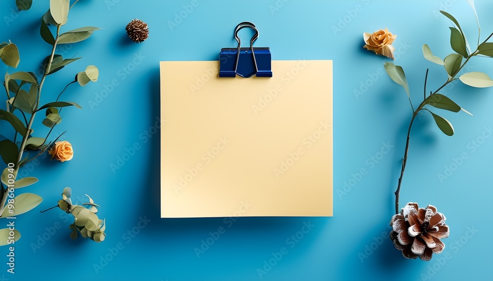 Colorful sticky notes and clips on a vibrant blue backdrop, showcasing ...