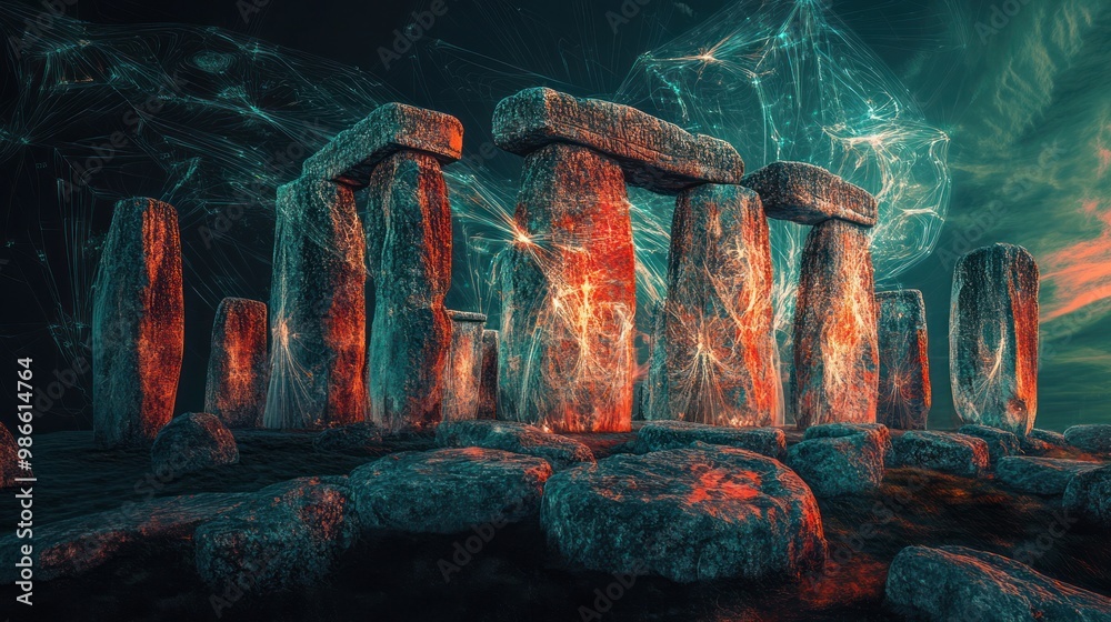 An abstract digital artwork of Stonehenge, in which the stones are ...