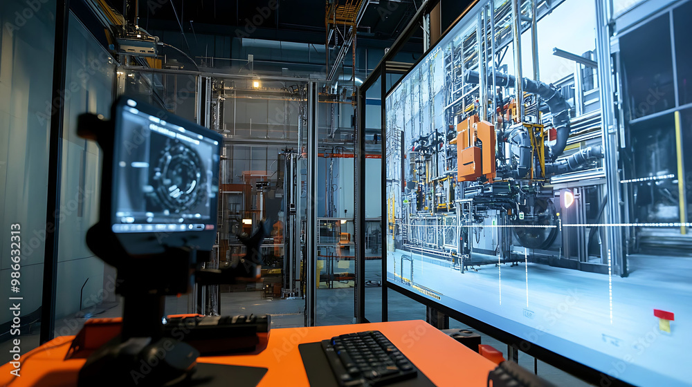 Virtual reality setup used by engineers to simulate and refine mechanical designs focusing on ...