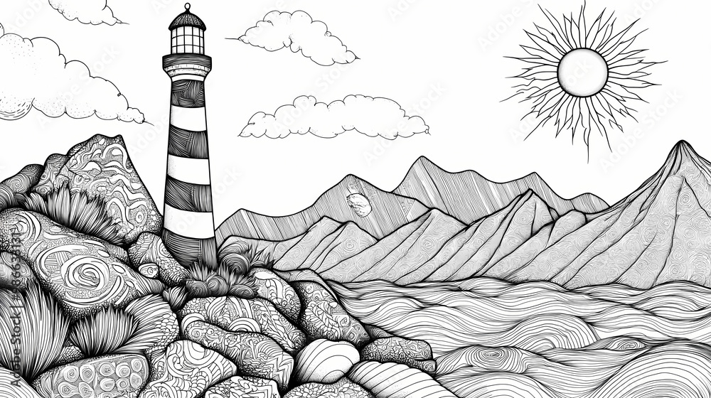 Lighthouse landscape coloring page for adults - serene mountain and ...