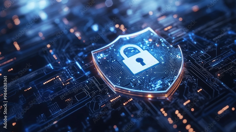 Personal data security system visualized with a virtual lock and shield ...