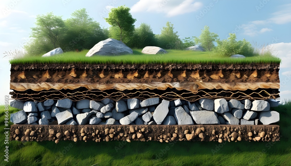 Cross-section view of soil layers revealing rocks and grass ...
