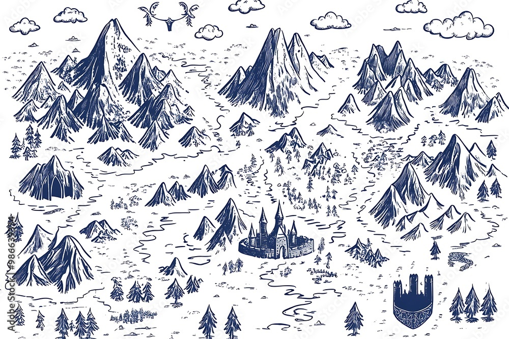 Hand drawn fantasy map with mountains, castle, forest, river, and ...