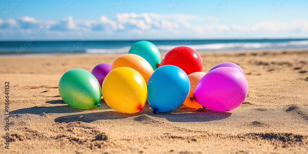 A bunch of colorful balloons are on the beach. The balloons are ...