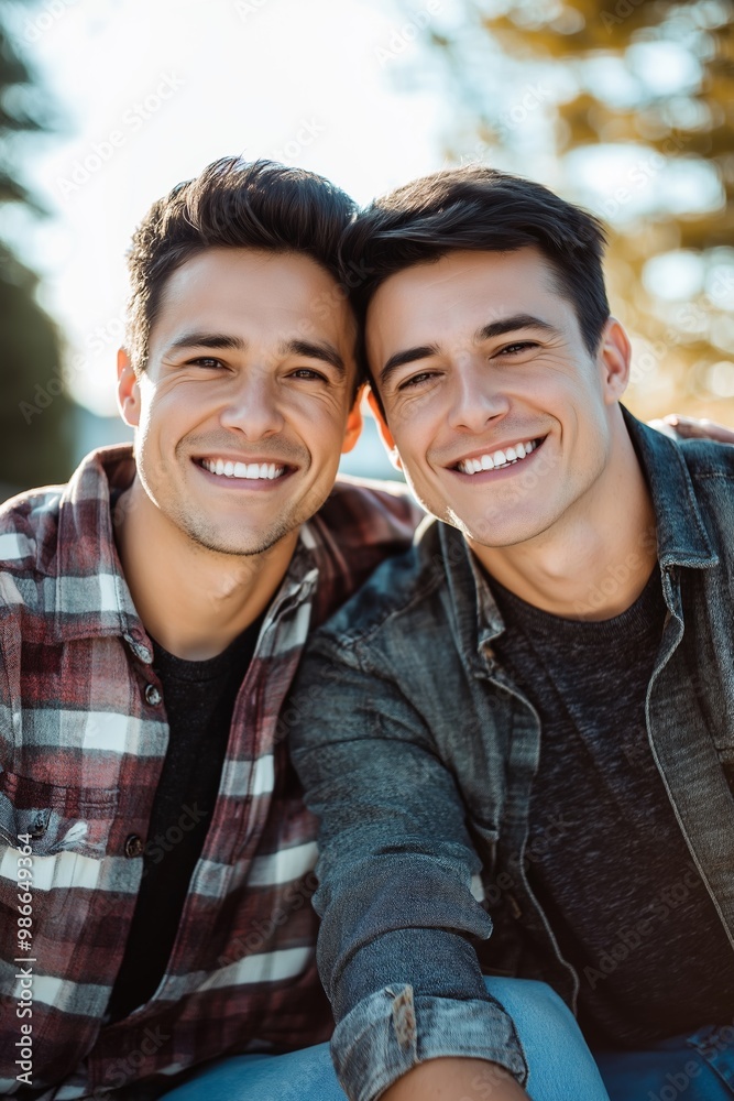 Two young men are smiling and posing for a picture. They are wearing ...