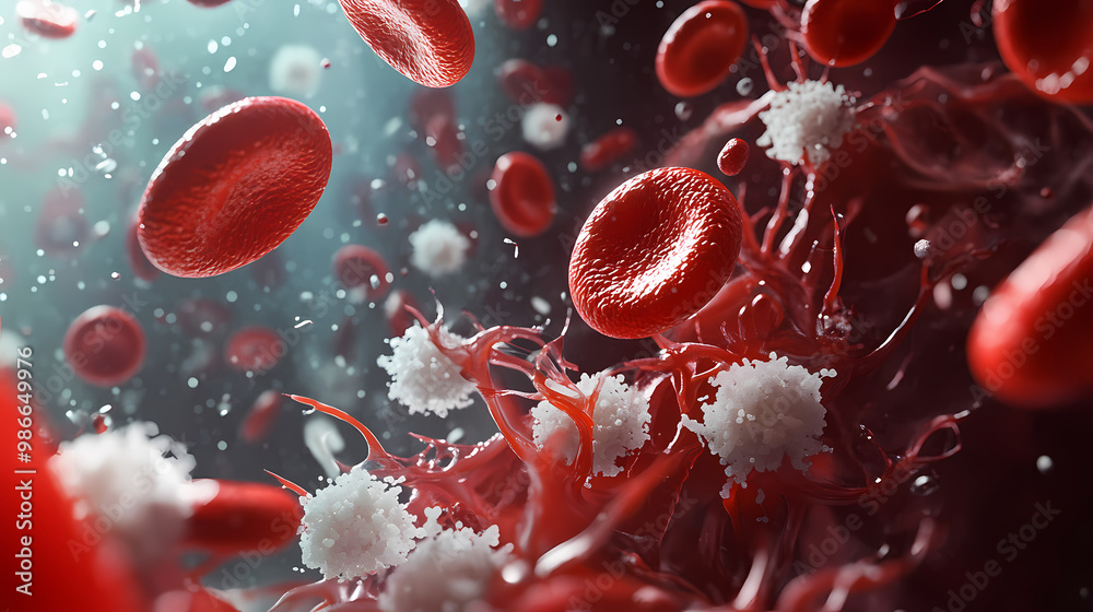 The life science concept art of many red blood cells and platelets with ...