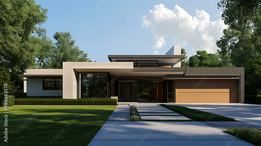 ภาพประกอบสต็อก Minimalist house exterior design sleek front elevation ...