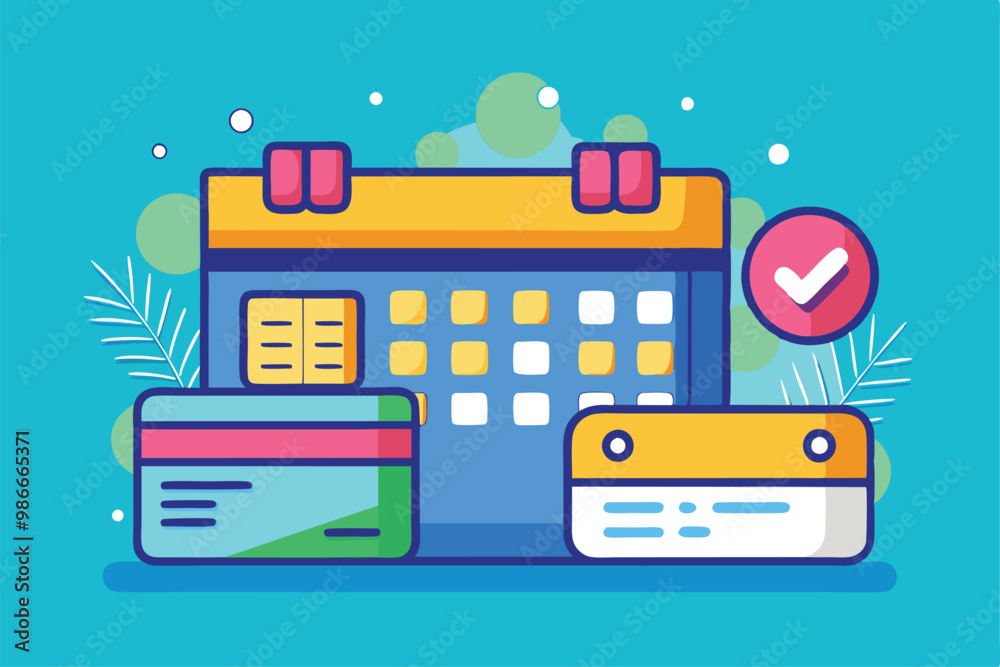 An illustration depicting a calendar, credit cards, and a checkmark ...