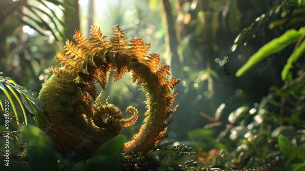 A mystical landscape portrays a prehistoric, fern-shaped creature ...