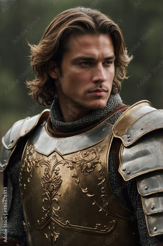 A striking knight with medium-length hair dons a gleaming suit of armor ...