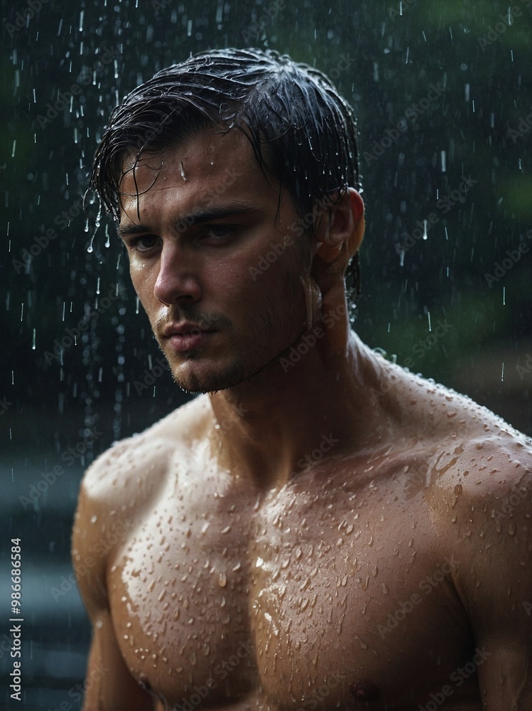 Handsome male model stands under the pouring rain, showcasing a wet ...