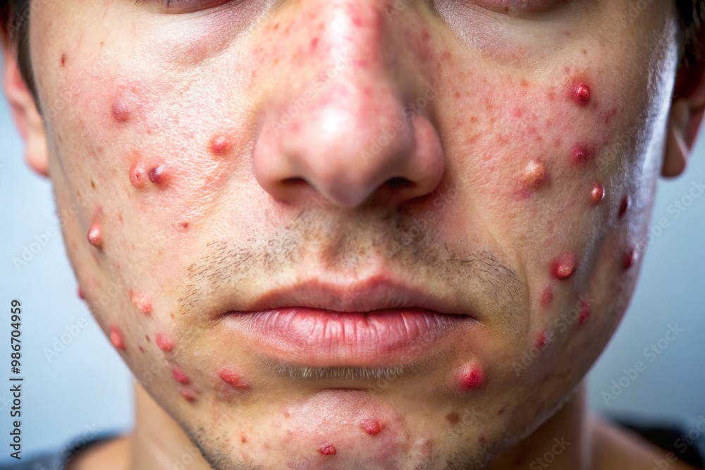 Severe nodular acne covers the face, characterized by inflamed, pus ...