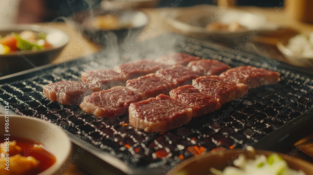 A close-up view of a traditional Japanese yakiniku grill in action, showcasing sizzling cuts of ...