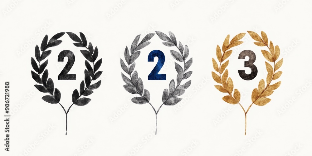 Set of first second and third place silver gold and bronze awards with ...