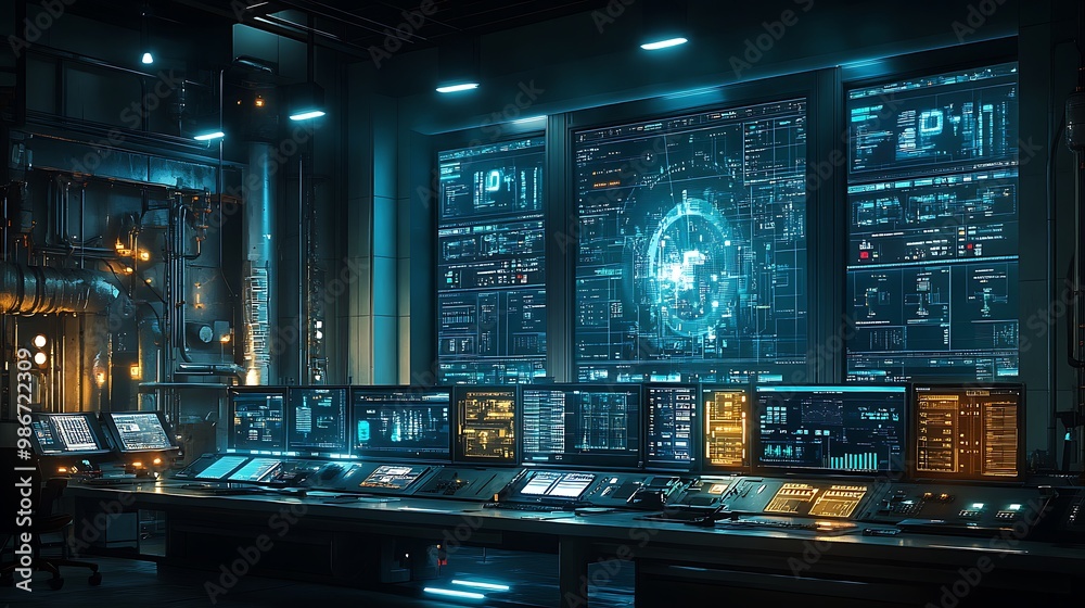 Control Room: A high-tech control room with monitors displaying real-time data on gas production ...