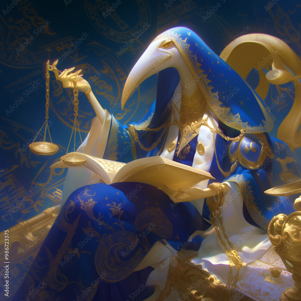 Thoth, the ancient Egyptian god reading a book while holding scales ...