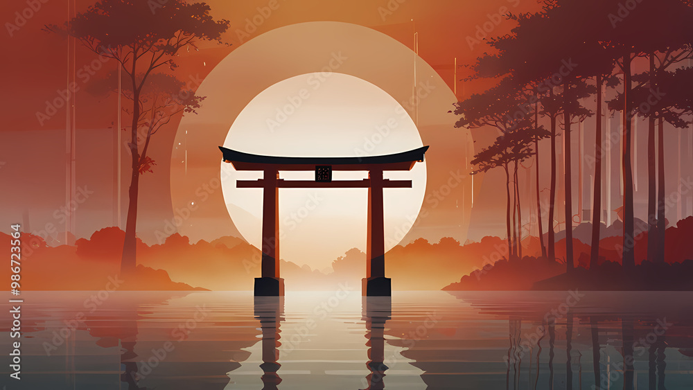 abstract representation of a Torii gate surrounded by ethereal light ...