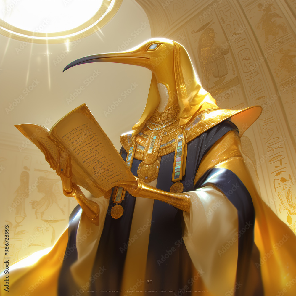 Thoth, the ancient Egyptian god with a bird-like head reads an ancient ...