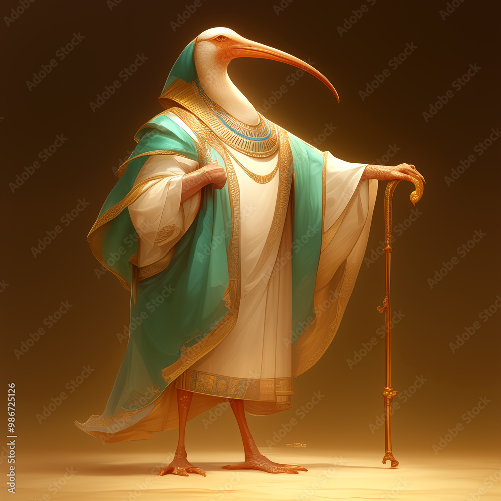 Thoth, the ancient Egyptian god of knowledge holds a staff, set against ...