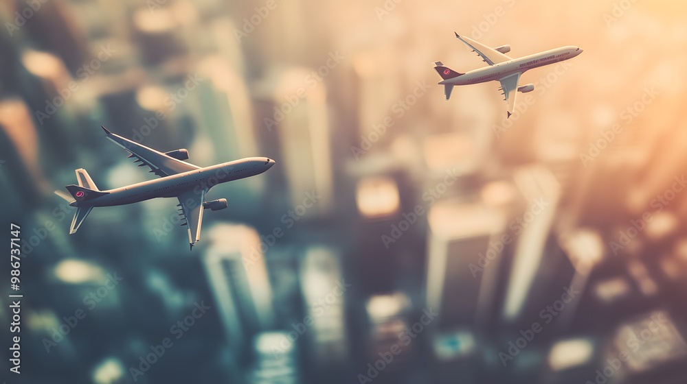 Aerial view of two airplanes, one large and one small, flying in ...