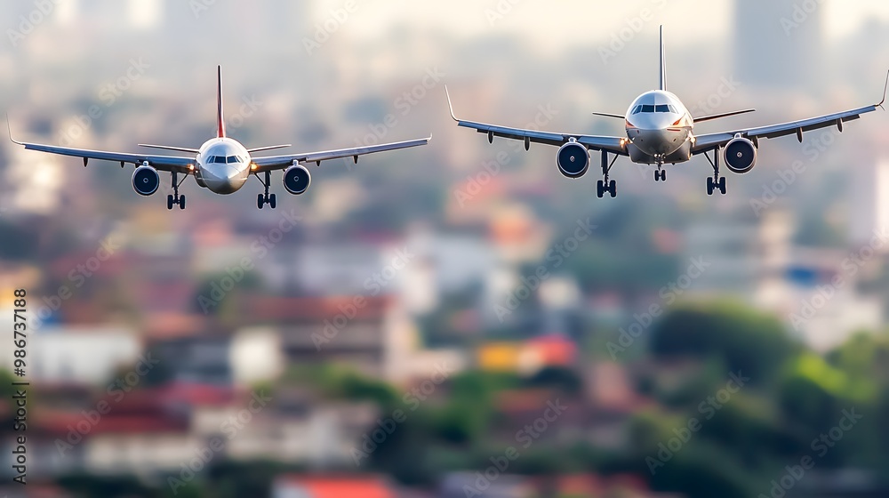 Aerial view of two airplanes, one large and one small, flying in ...