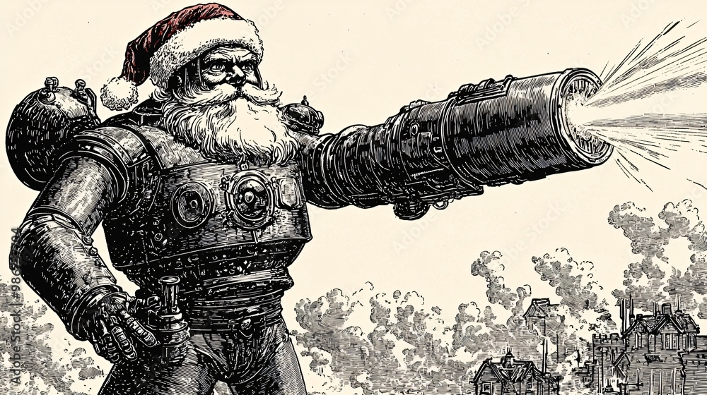 Santa Claus operating a giant robot defending a city from invading ...