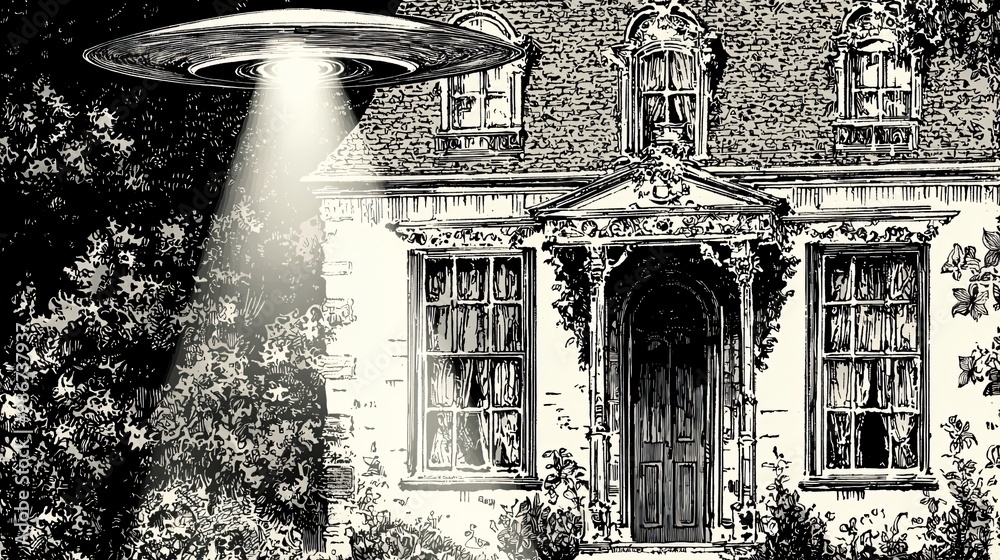 UFO casting a beam over a haunted Victorian house eerie glow ...