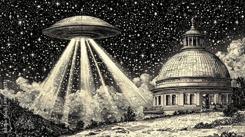UFO hovering above a Victorian observatory beams of light illuminating ...