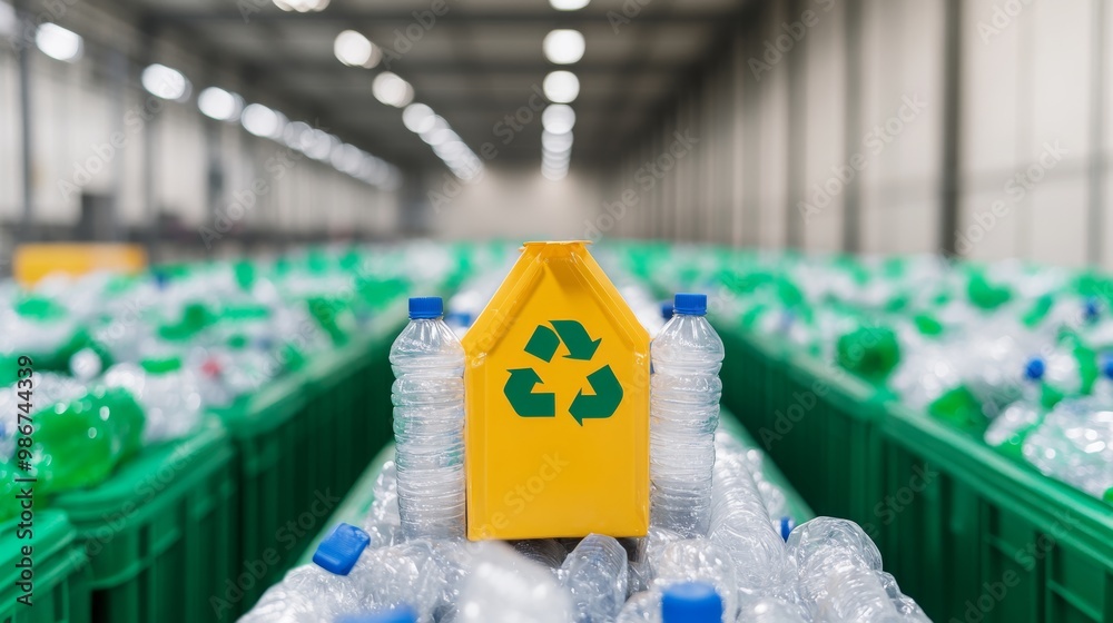 Recycling symbol on container amidst plastic bottles in eco-friendly ...