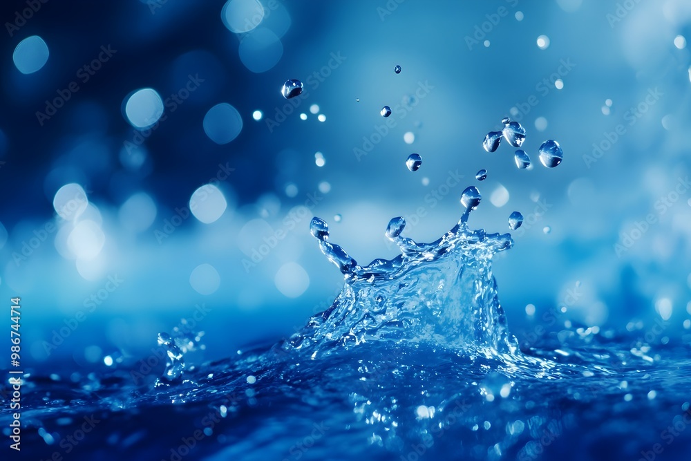 Pure fresh water splashing upwards with droplets on blurred blue ...