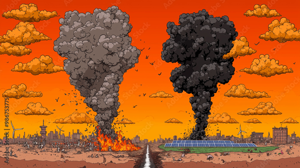 image illustrates stark contrast between two ecosystems one side shows ...