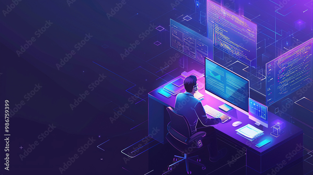 Isometric illustration of an professional information technology work ...