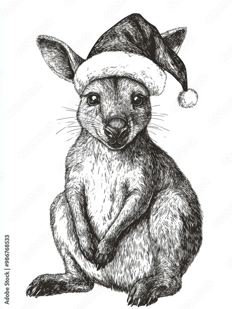 Black and white Vintage engraved art of a full-body wallaby with a ...