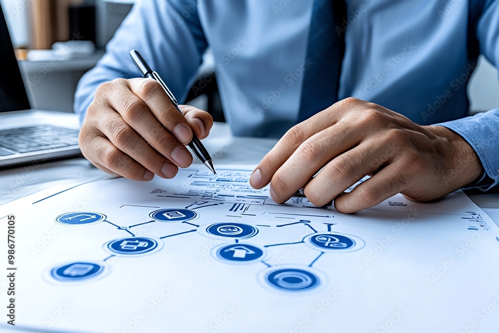 Close-up of hands analyzing a flowchart, optimizing production capacity ...