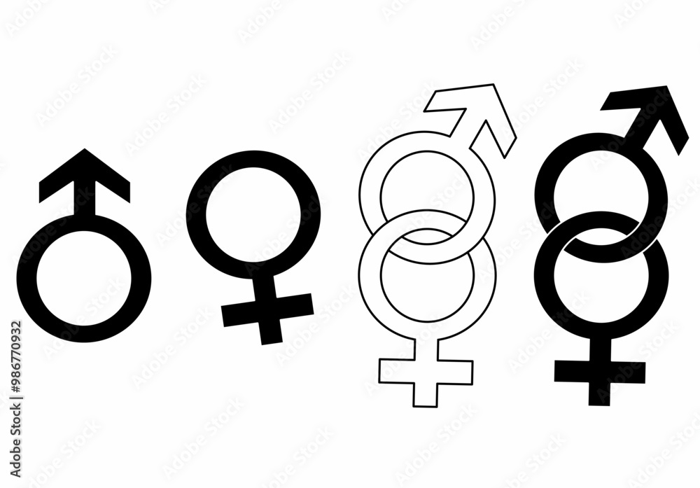 The image features four gender symbols: male, female, and interlocked ...