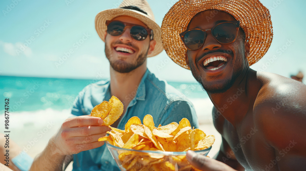 Two interracial gay men eating chips on the beach. Two men are smiling ...