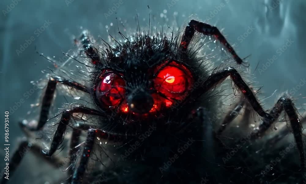Scary close-up of a spider with glowing red eyes, sharp fangs dripping ...