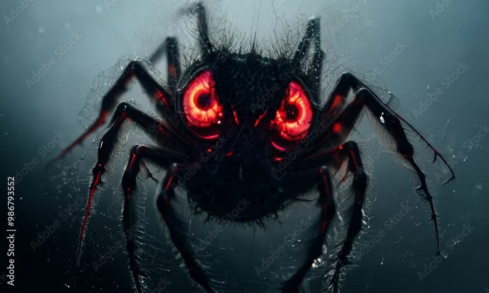 Scary close-up of a spider with glowing red eyes, sharp fangs dripping ...