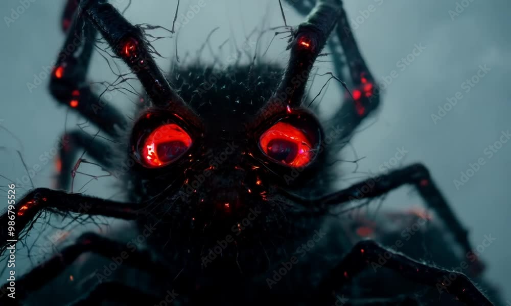 Scary close-up of a spider with glowing red eyes, sharp fangs dripping ...