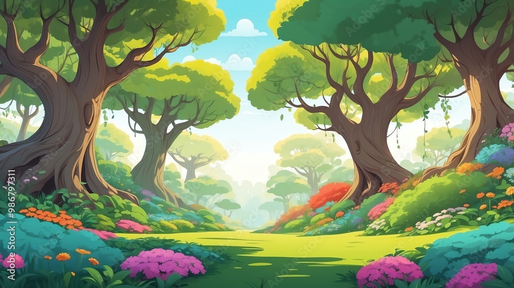 Whimsical Tree Canopy Over Garden Cartoon Background Design Stock ...
