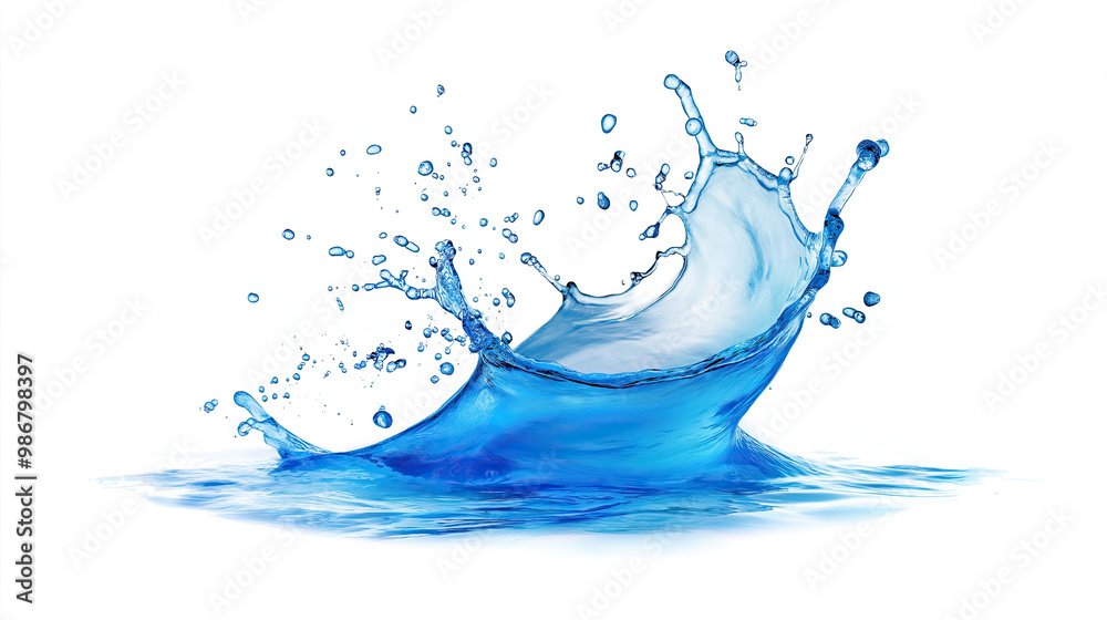 Isolated dynamic splash of blue water spray on white background.Drops ...