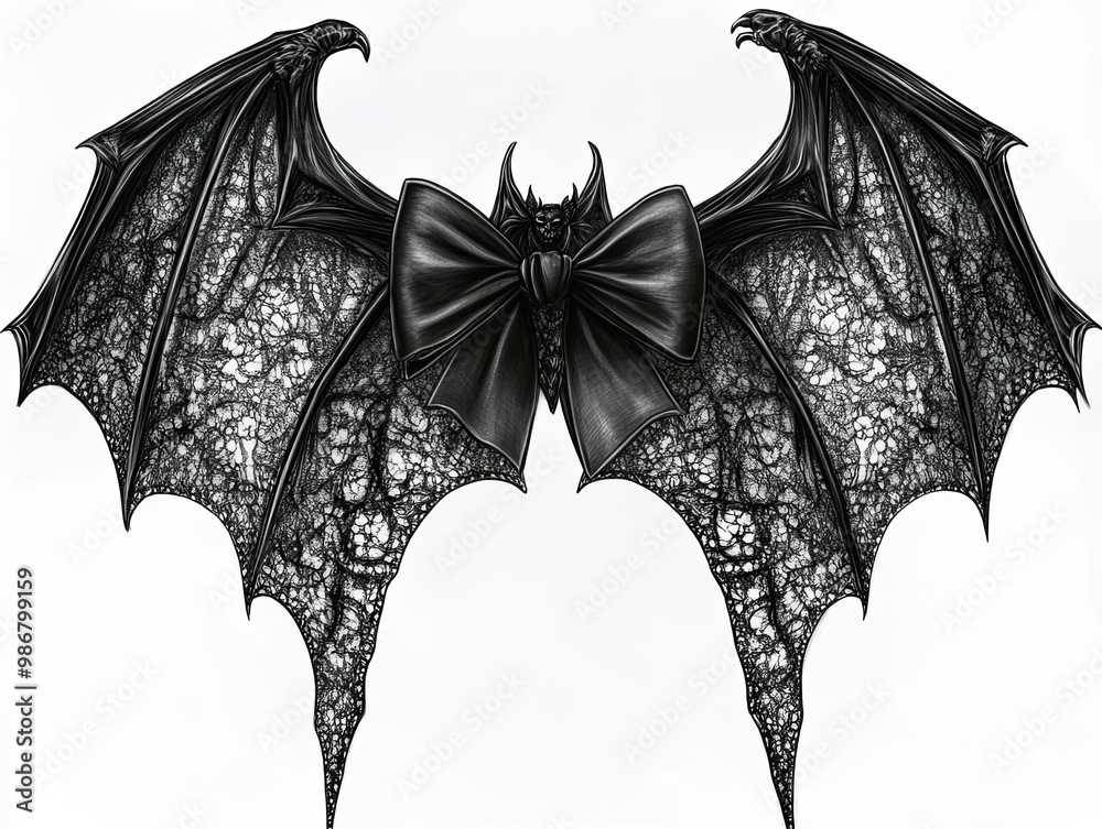 Gothic Bat Wings with Elegant Bow, Intricate illustration of gothic bat ...