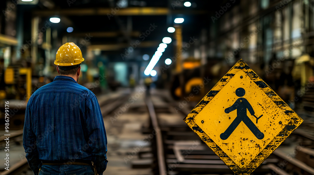 Worker in a safety helmet observes a caution sign in an industrial ...