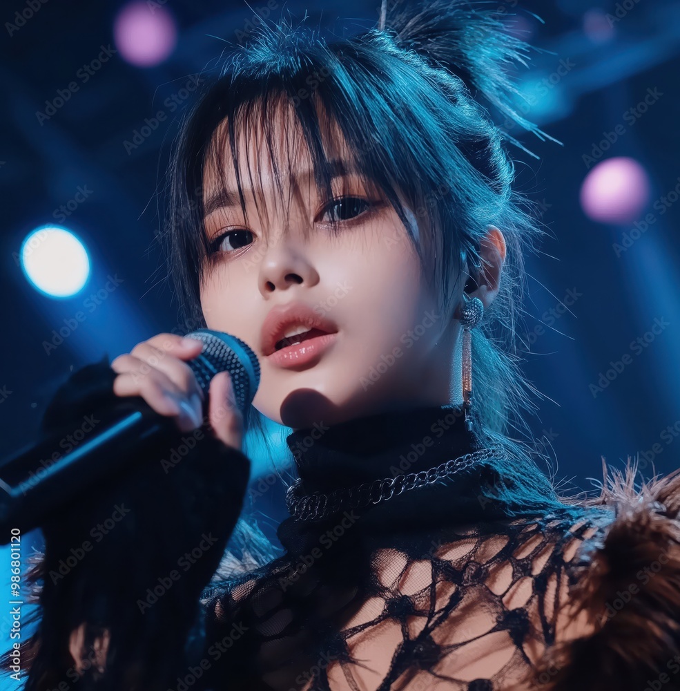 Captivating female singer with bold blue hairstyle passionately ...