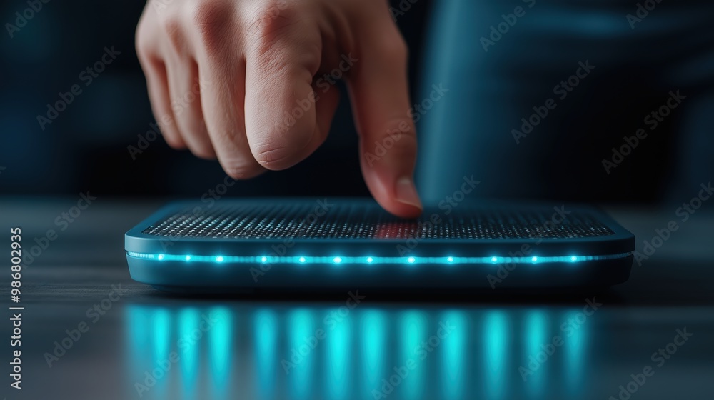 Futuristic glowing human hand touching and controlling a sleek ...