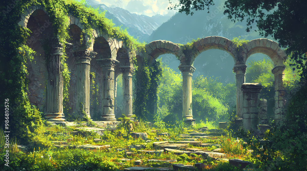 Ancient columns and crumbling arches surrounded by lush greenery and ...