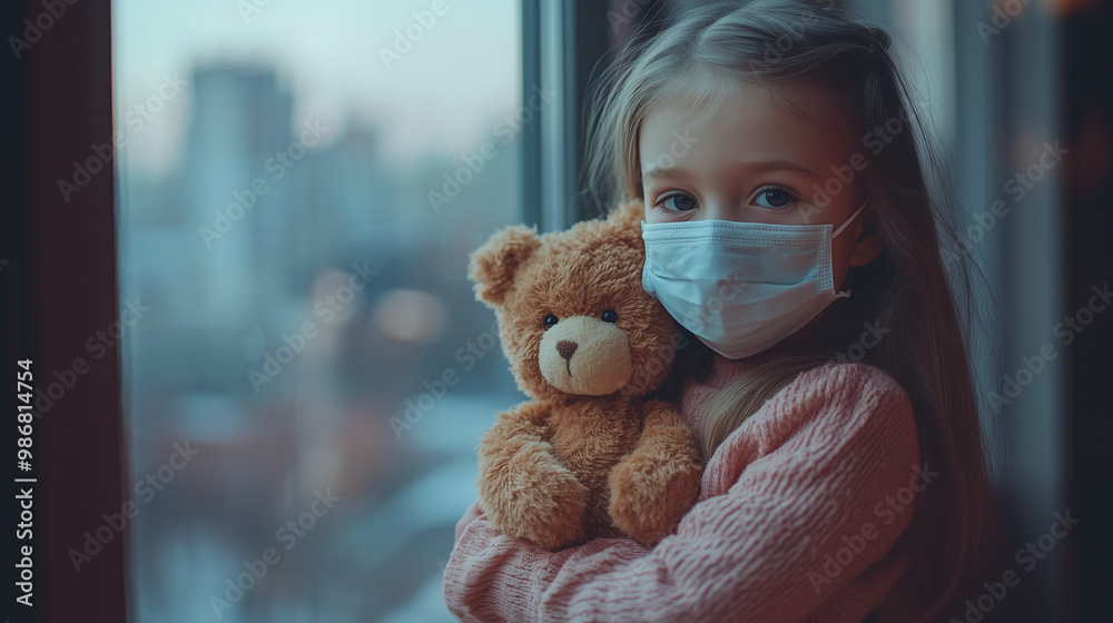 Little girl wearing protective mask holding teddy bear looking ...