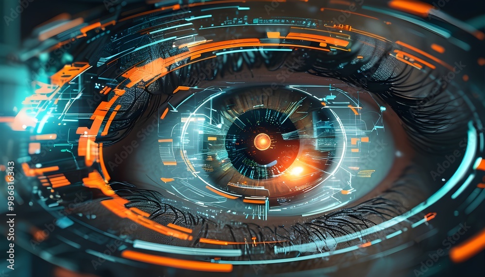 Futuristic human eye adorned with digital elements, embodying high-tech ...